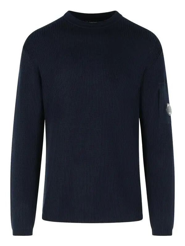 C.P. COMPANY Ribbed Cotton Crew Neck Sweater With Lens Appliqu - Blue