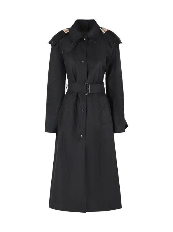 Burberry Long Car Coat With Detachable Hood And Buckled Belt - Black