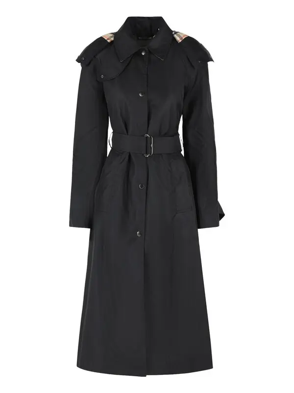 Burberry Long Car Coat With Detachable Hood And Buckled Belt - Black