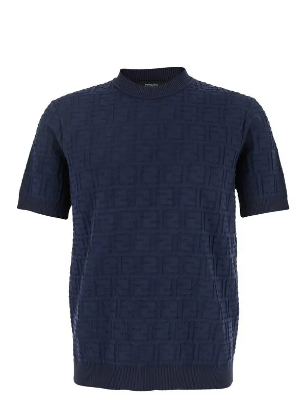 Fendi Blue T-shirt With All-over Ff Logo Embroidery In Cotton For - Multicolor