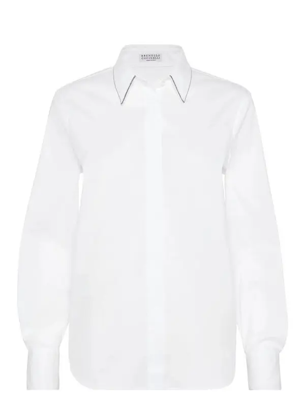 Brunello Cucinelli Cotton Blend Poplin Shirt With Monili Chain Detail - White