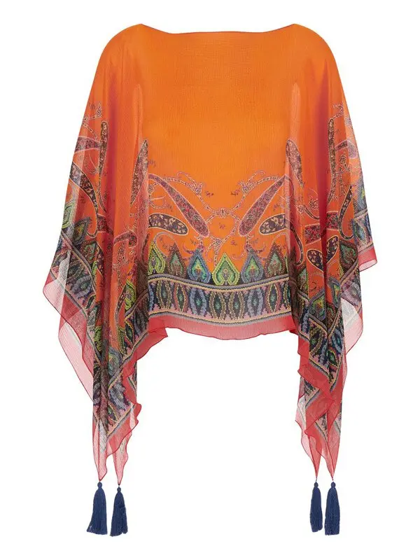 Etro Printed Silk Cape With Tassel Detail - Orange