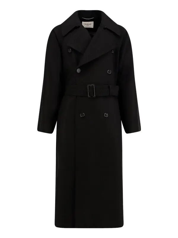 Saint Laurent Double-breasted Wool Coat With Belt - Multicolor