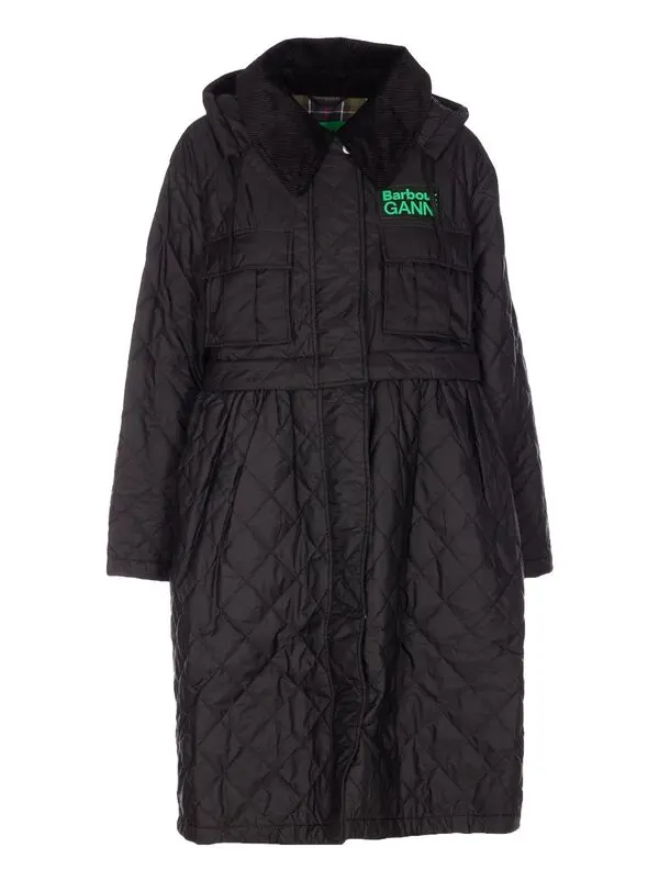 BARBOUR X GANNI Peplum Quilted Long Jacket - Black