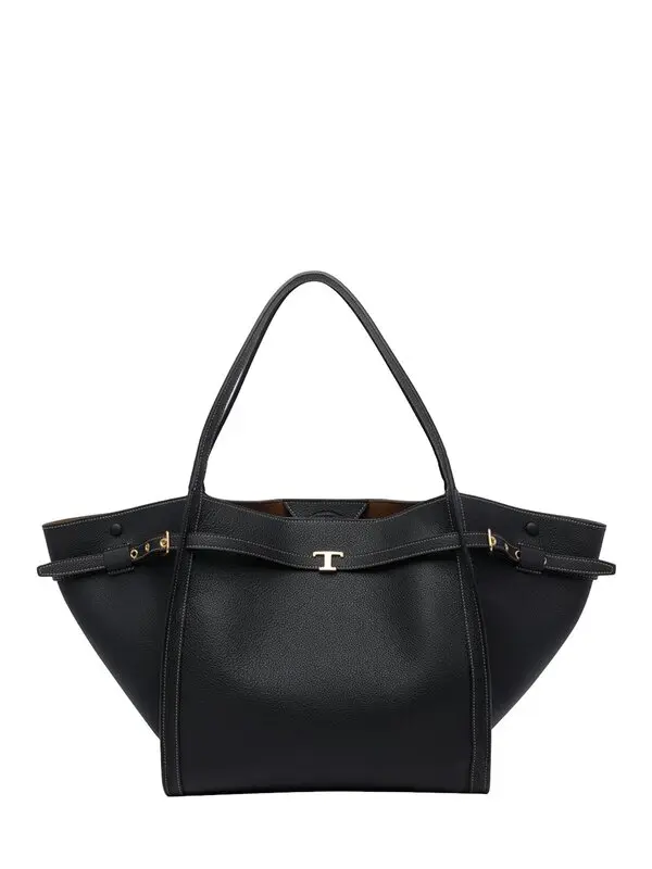 TOD'S Leather Shopping Bag With T Timeless Logo - Black