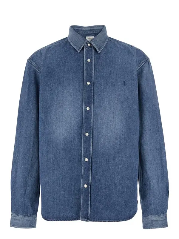 Saint Laurent Blue Denim Long Sleeve Shirt With Front Logo For - Multicolor