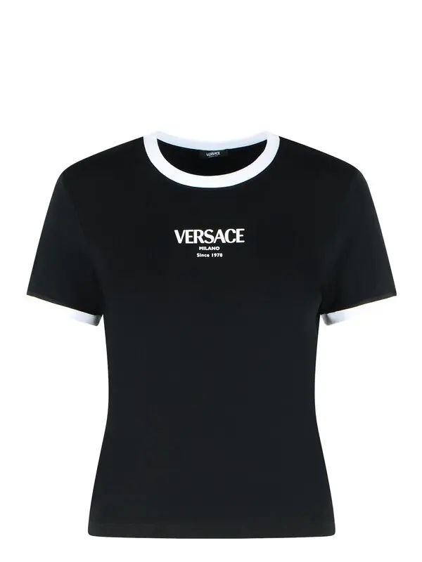 Versace Ribbed Viscose T-shirt With Contrast Logo - Black