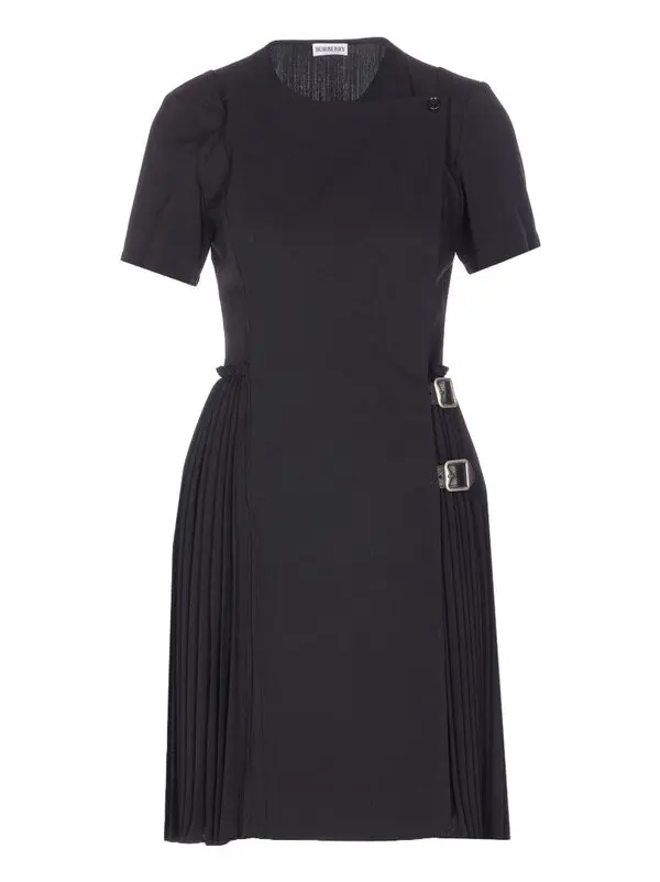 Burberry Wool Blend Kilt Dress With Buckle Detail - Black