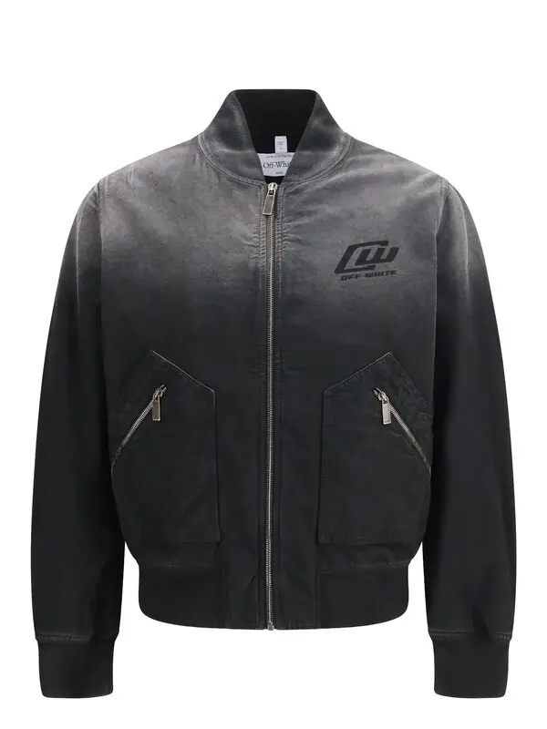 Off-White Washed Denim Bomber Jacket With Logo Detail - Black
