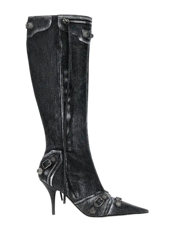 Balenciaga Cagole Denim Print Nappa Leather Boots - Black