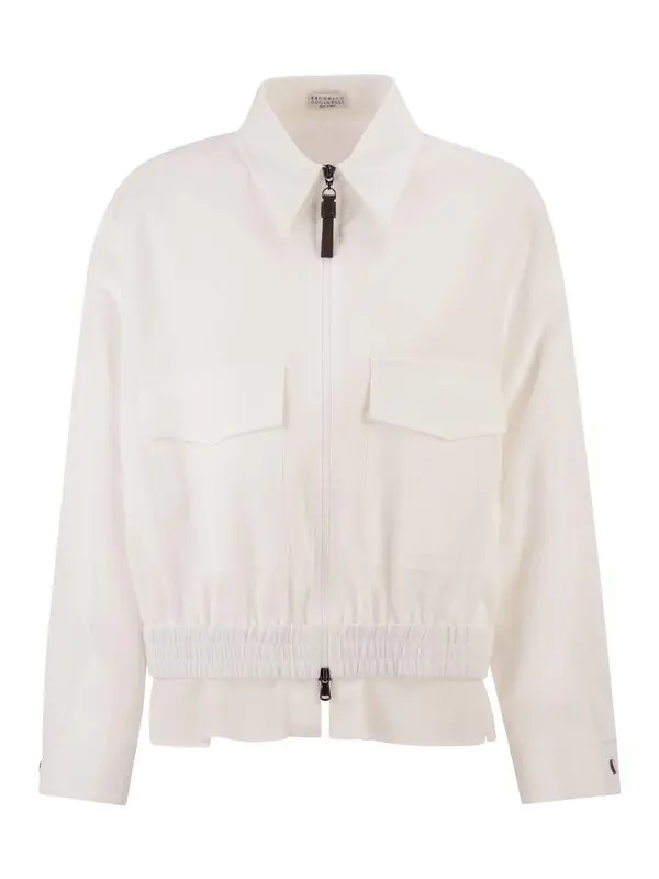 Brunello Cucinelli Cotton Canvas Zip-up Outerwear With Embellished Pull - White