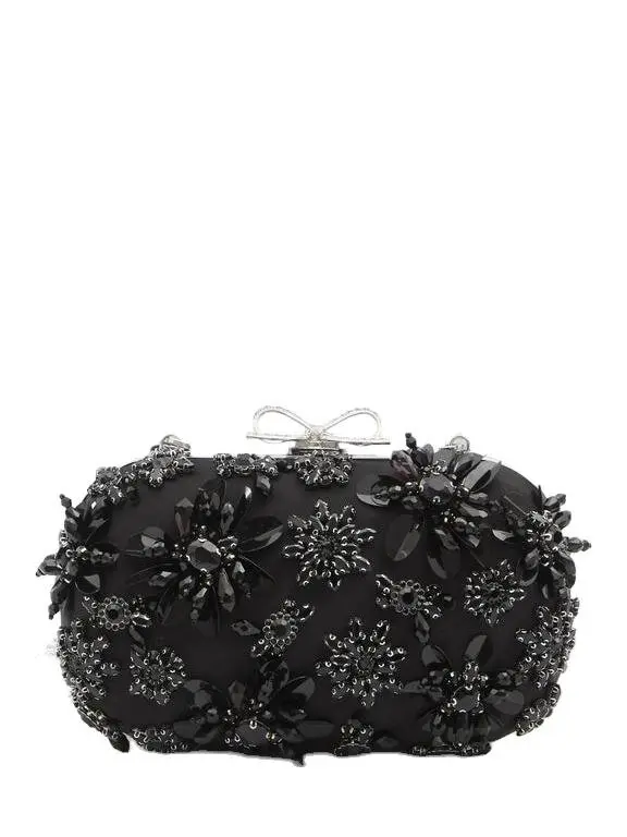 SELF-PORTRAIT Embellished Floral Crystal Clutch Bag - Black
