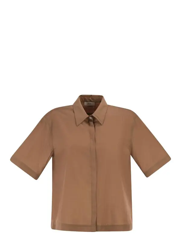 Herno Short-sleeved Shirt In Combed Wool Muslin - Brown