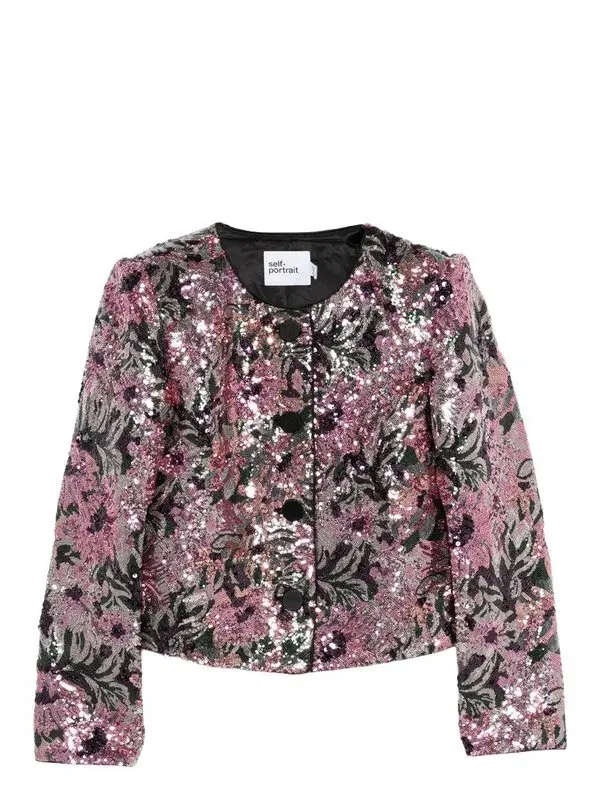 SELF-PORTRAIT Cropped Sequin Jacket With Floral Pattern - Pink