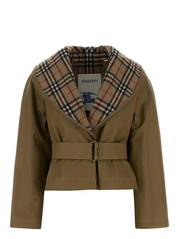 Burberry Belted Cotton Jacket With Classic Check Collar - Green