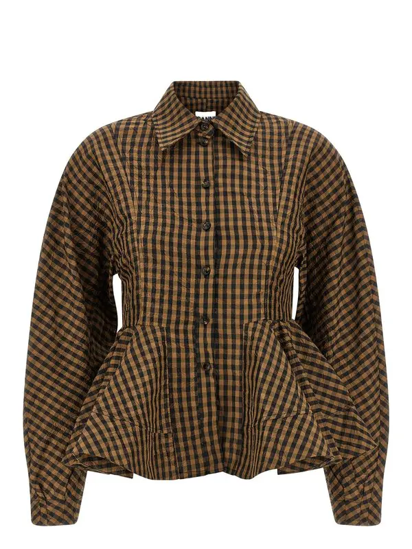 GANNI Crinkled Check Print Taffeta Blouse - Brown