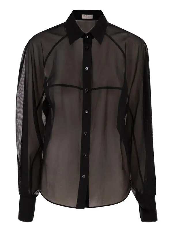 Brunello Cucinelli Cotton Organza Striped Shirt With Embellished Cuffs - Black