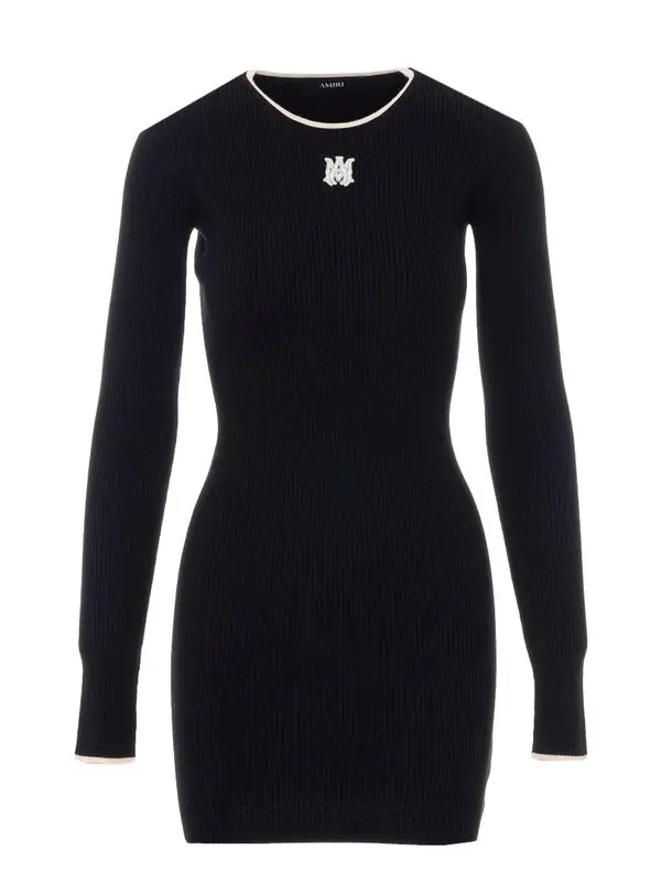 Amiri Long-sleeve Crew Neck Knit Mini Dress With Embroidered Logo - Black
