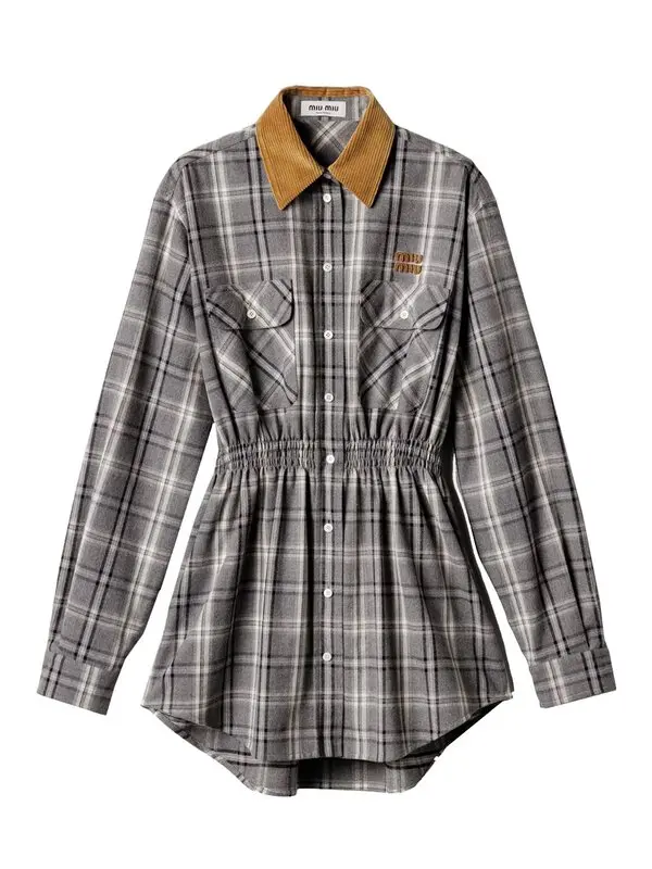 Miu Miu Plaid Dress With Corduroy Collar - Gray