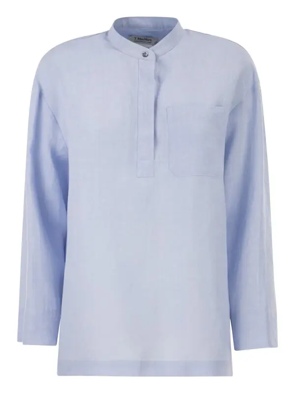 Max Mara S Washed Linen Shirt With Mandarin Collar And Patch Pocket - Blue