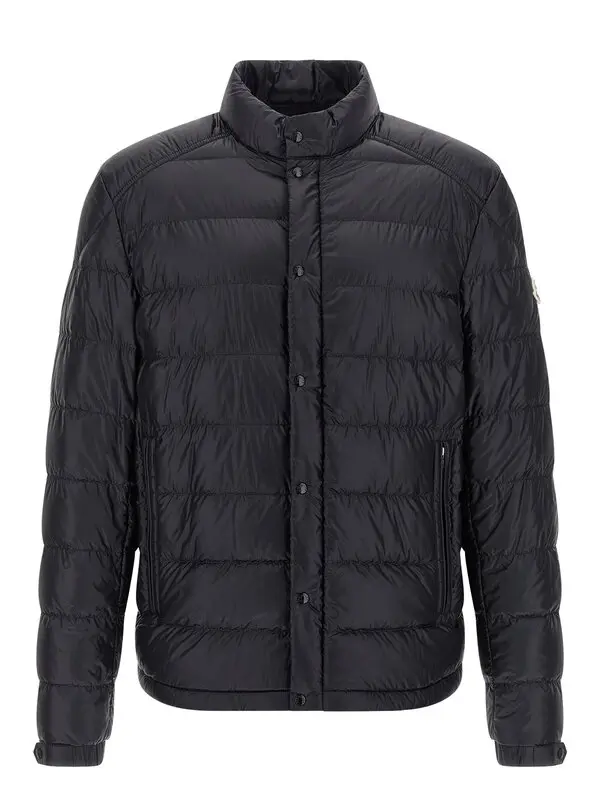 Moncler Quilted Down Jacket With High Neck And Logo Patch - Blue