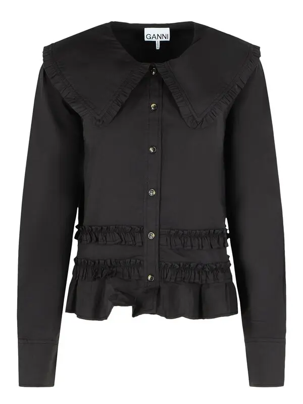 GANNI Cotton Shirt With Ruffle Detailing - Black