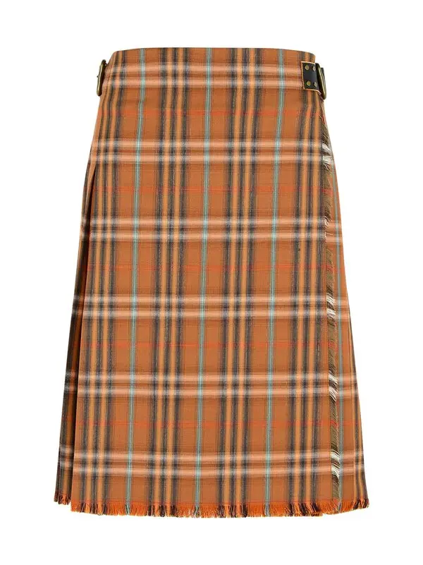 Burberry Wool Kilt With Check Pattern And Leather Straps - Orange