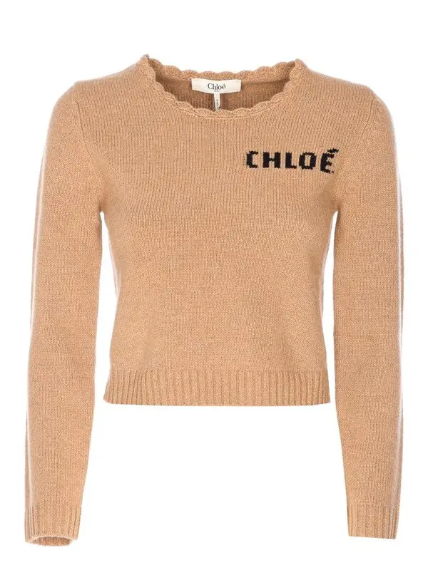 Chloé Embroidered Logo Crew Neck Sweater - Brown
