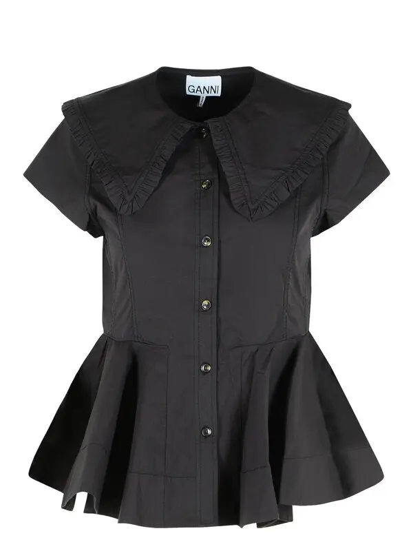 GANNI Cotton Shirt With Wide Rounded Collar And Short Sleeves - Black