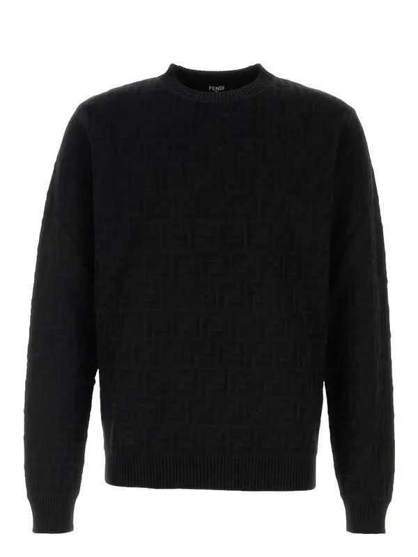 Fendi Cotton Ff Pattern Crew Neck Long Sleeve Sweater - Black