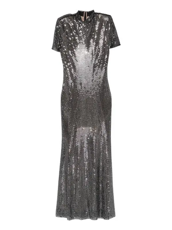 SELF-PORTRAIT Embellished Mock Neck Short Sleeve Maxi Dress - Black