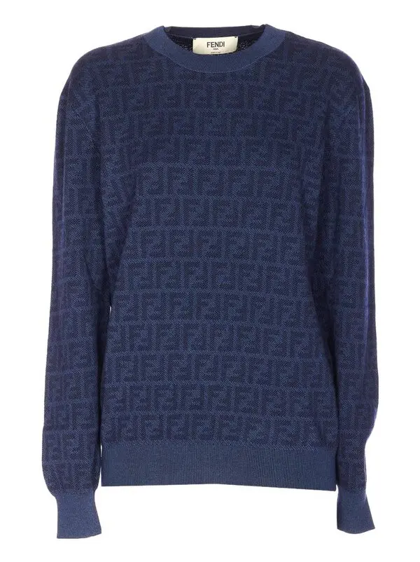 Fendi Ff Logo Crew Neck Long Sleeve Sweater - Blue