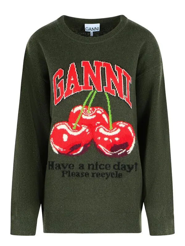GANNI Wool Blend Sweater With Cherry Pattern - Green
