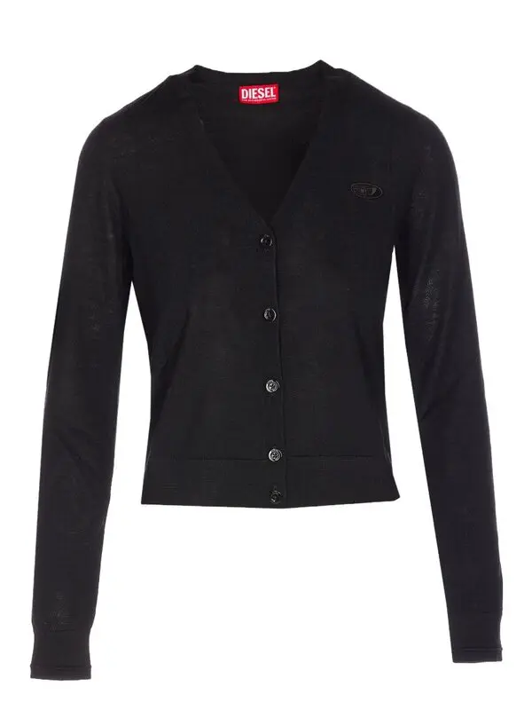DIESEL® Logo Embroidered V-neck Long-sleeve Wool Cardigan - Black