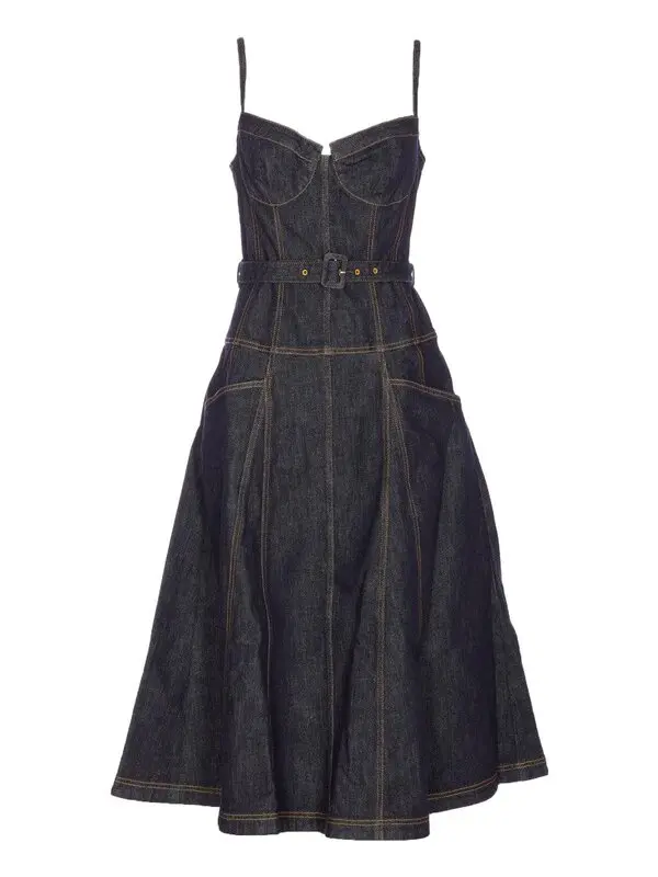 SELF-PORTRAIT Denim Flared Midi Dress - Blue