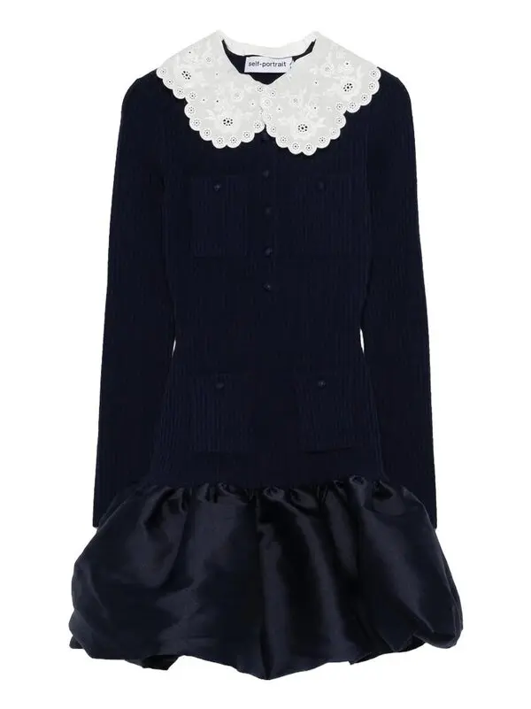 SELF-PORTRAIT Navy Scalloped Collar Button-up Dress - Blue