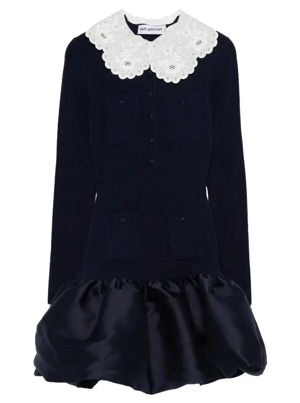 SELF-PORTRAIT Navy Scalloped Collar Button-up Dress - Blue