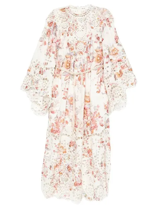 Zimmermann Ivory Floral Print Lace Detailed Linen Dress - Cream