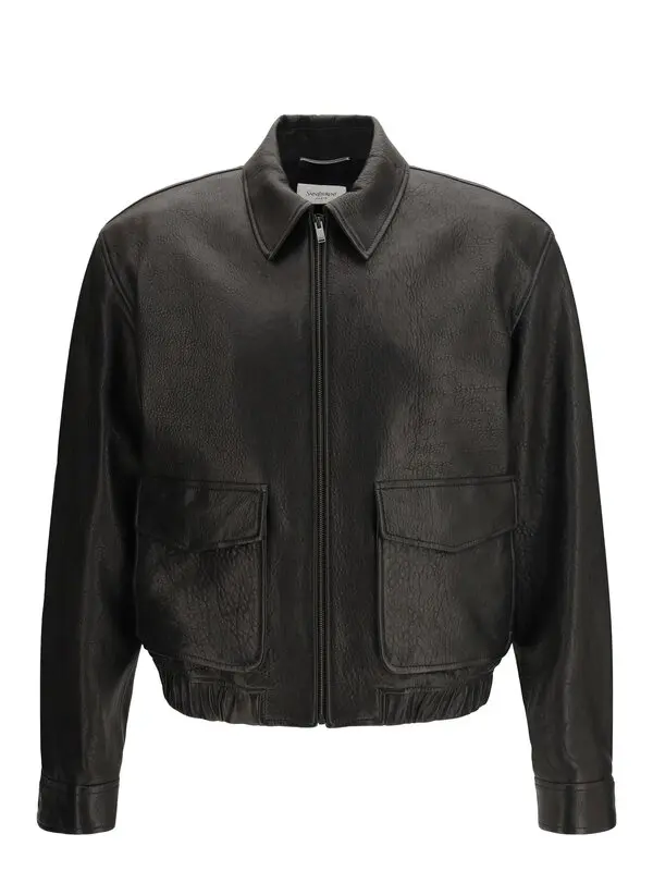 Saint Laurent Short Lamb Leather Jacket With Pointed Collar - Black