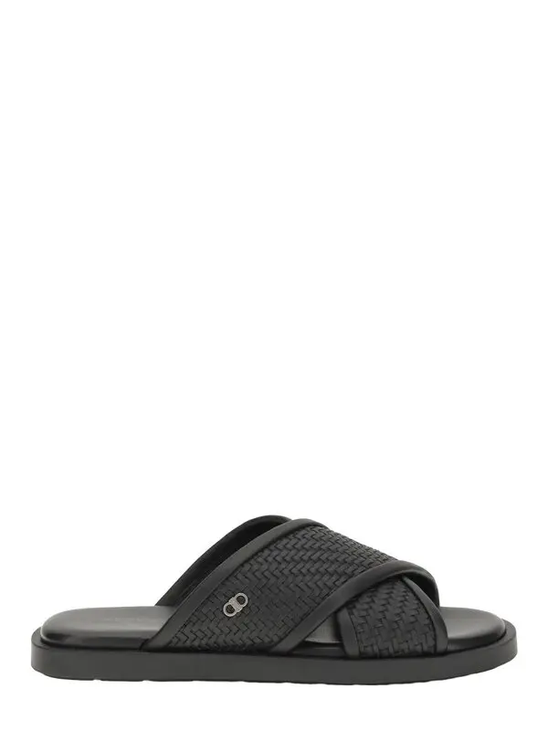 FERRAGAMO Gancini Woven Leather Sandals - Black