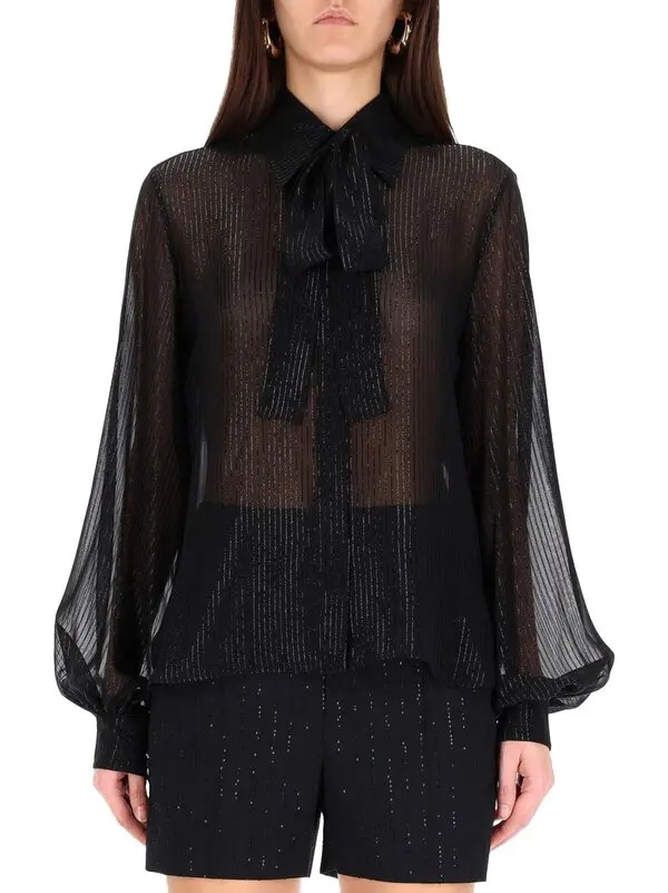 Max Mara Sheer Striped Shirt With Pussy Bow - Black