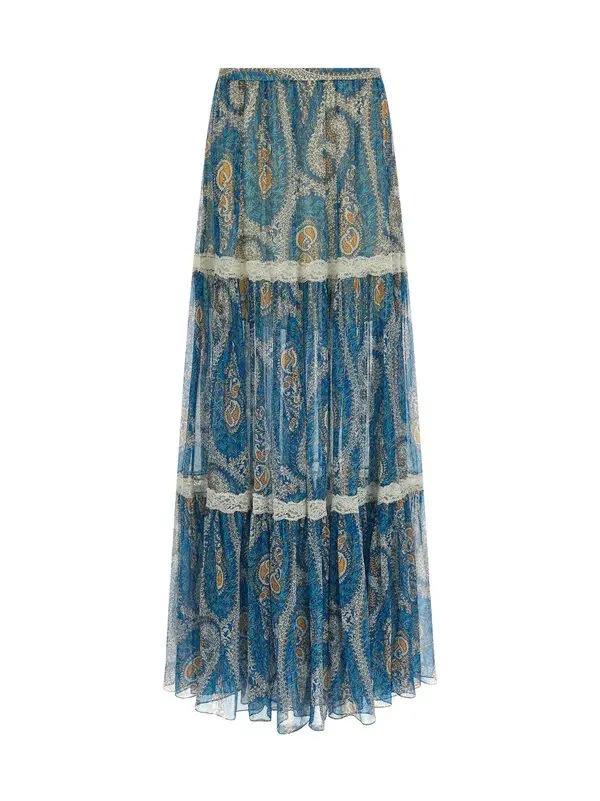 Etro Lace Insert Patterned Silk Skirt - Blue