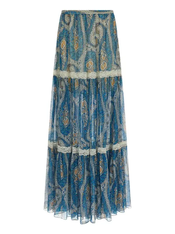 Etro Lace Insert Patterned Silk Skirt - Blue