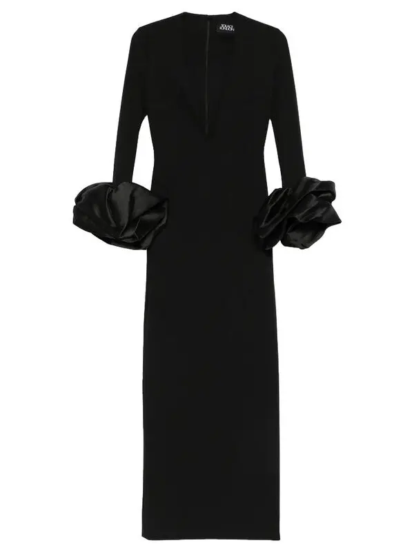 Solace London V-neck Midi Dress With Ruffled Cuffs - Black
