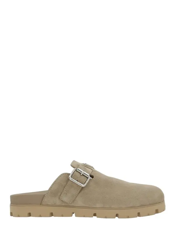 Prada Suede Buckled Clogs - Cream