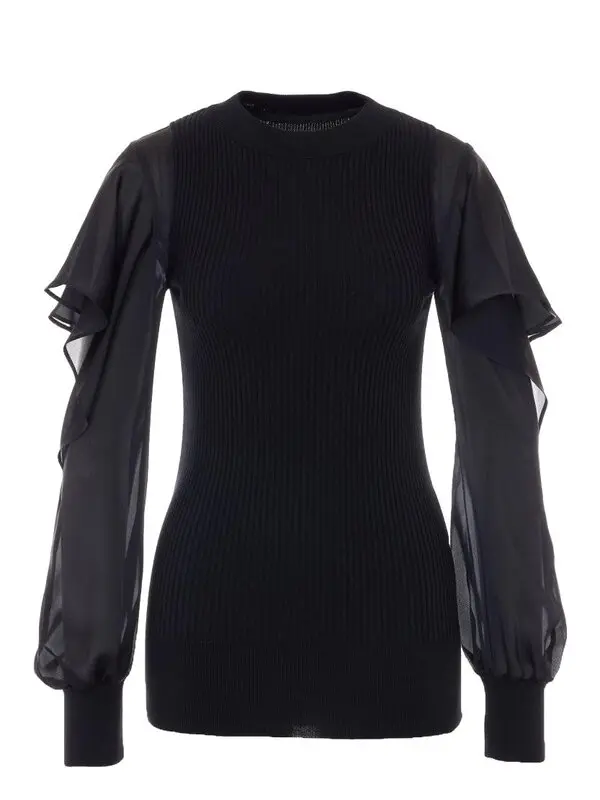 Sacai Satin X Cotton Knit Pullover With Frill Sleeves - Black