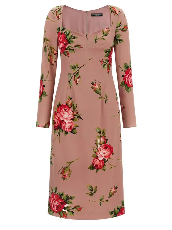 Dolce & Gabbana Bouquet Rose" Print Silk Midi Dress - Pink