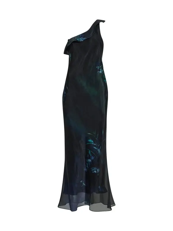 Giorgio Armani Black Printed Organza One-shoulder Dress - Multicolor
