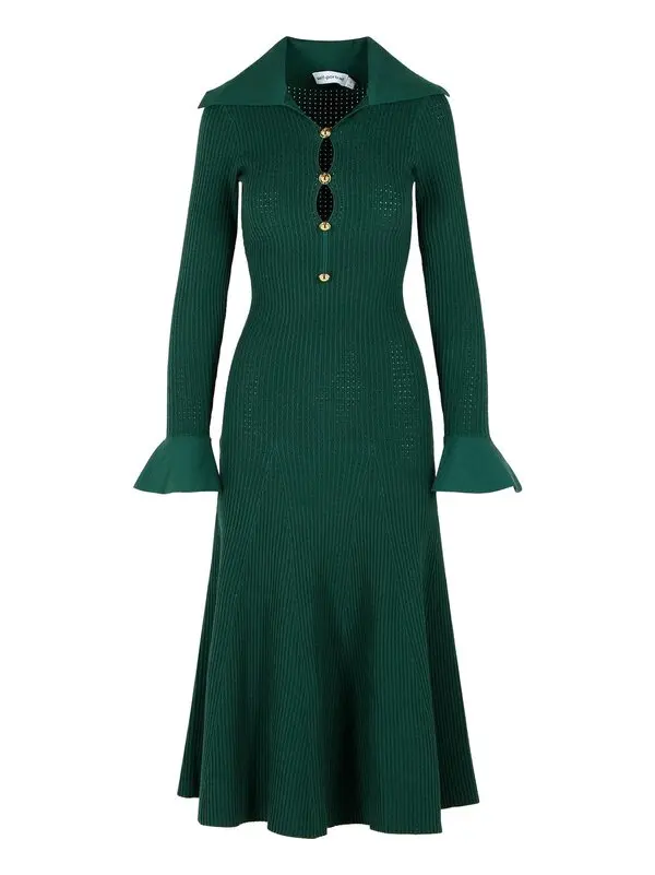 SELF-PORTRAIT Ribbed Knit Dress With Keyhole Neckline - Green