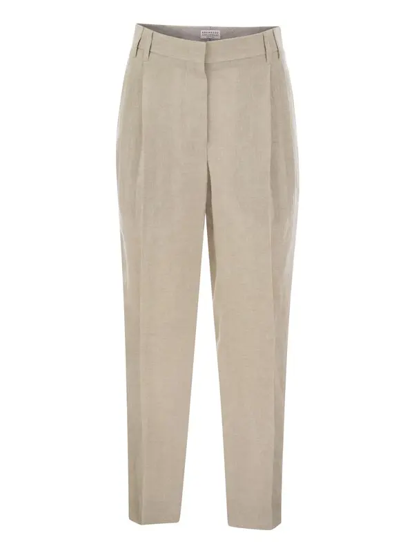 Brunello Cucinelli Sparkling Linen Canvas Slouchy Trousers With Jewel Embellishment - Cream